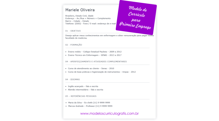 Modelo de Currículo para Primeiro Emprego - Modelos Curriculo Gratis